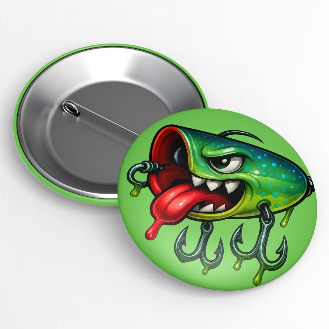 Cartoon Fish Lure Pin Back Button, Fish Angler Gift, Funny Fish Button ...
