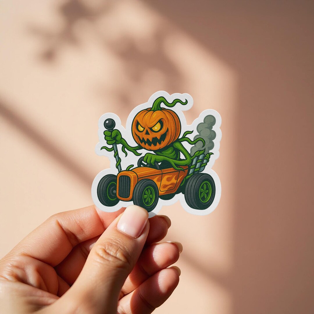 Pumpkin Head Hot Rod Sticker, Halloween Box Car Decal, Wacky Racer ...