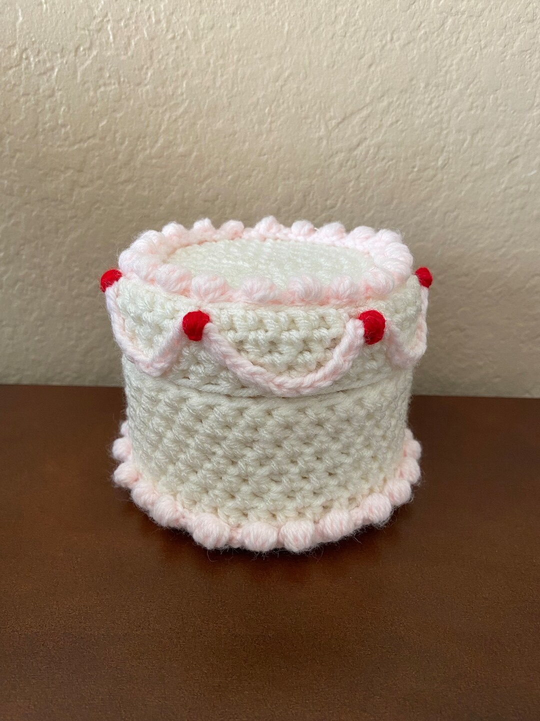 Handmade Crochet Cake Box White/pink/red Frosting With Cherry Details 3 ...