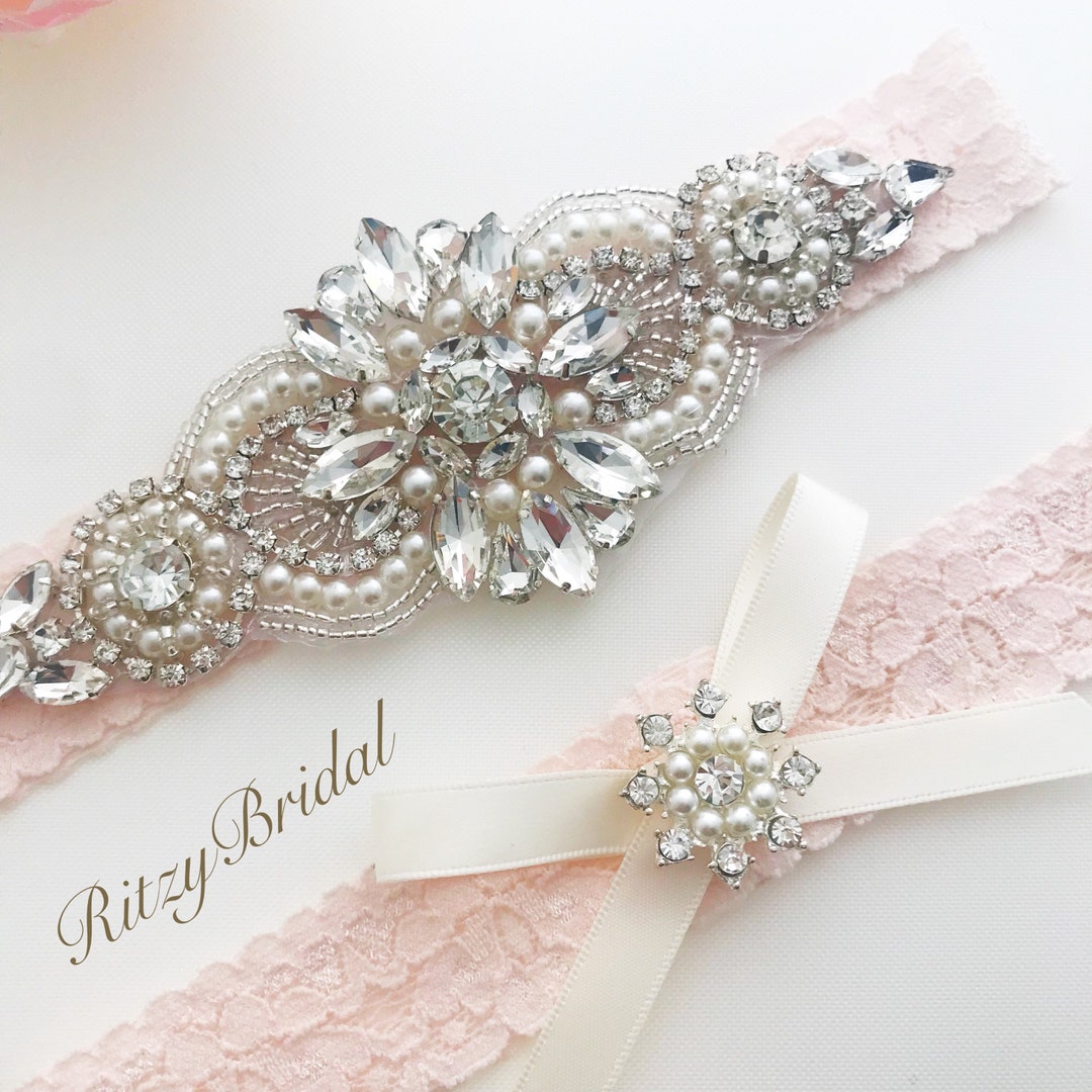 Blush Wedding Garter Set: Jeweled Bridal Garter With Pearls - Etsy