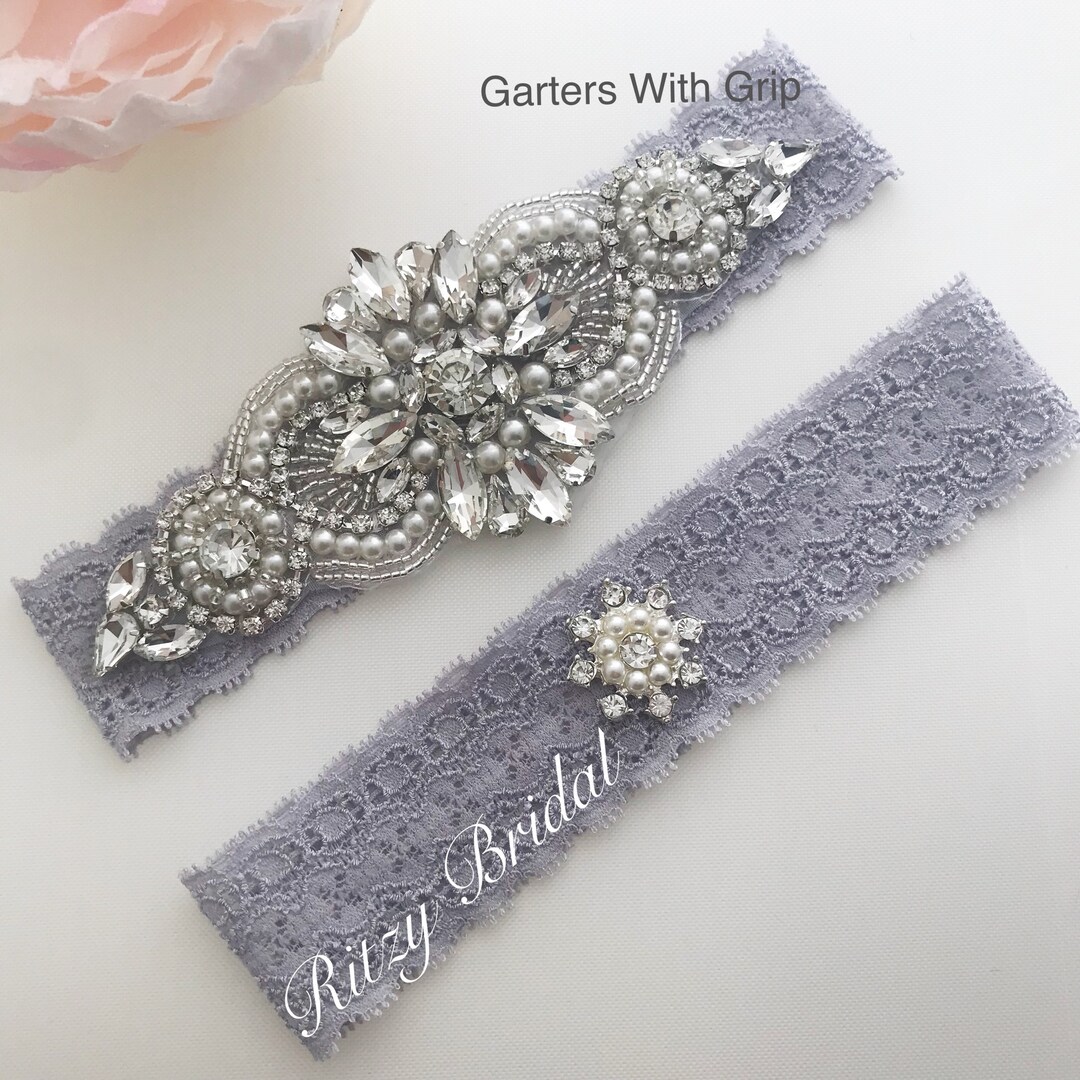 Gray Lace Wedding Garter Set: Jeweled Bridal Garters - Etsy