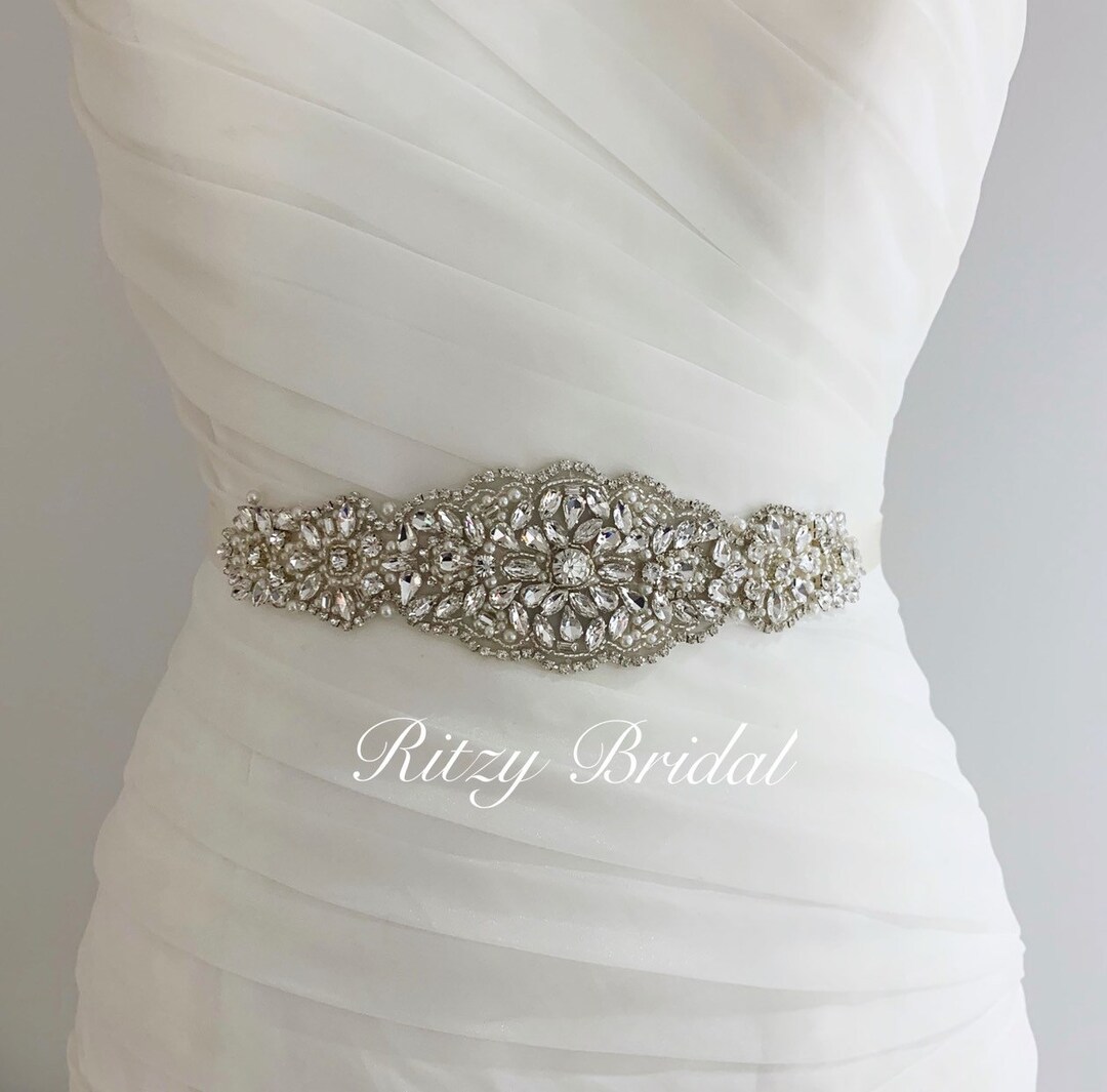 Crystal Pearl Wedding Dress Sash: Silver Rhinestone Bridal Belt - Etsy