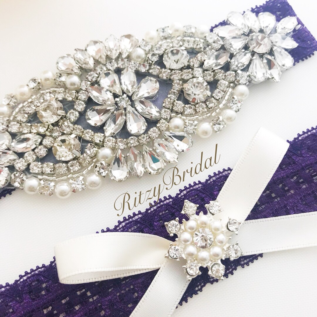 Purple Lace Wedding Garter Set: Jeweled Bridal Garter - Etsy