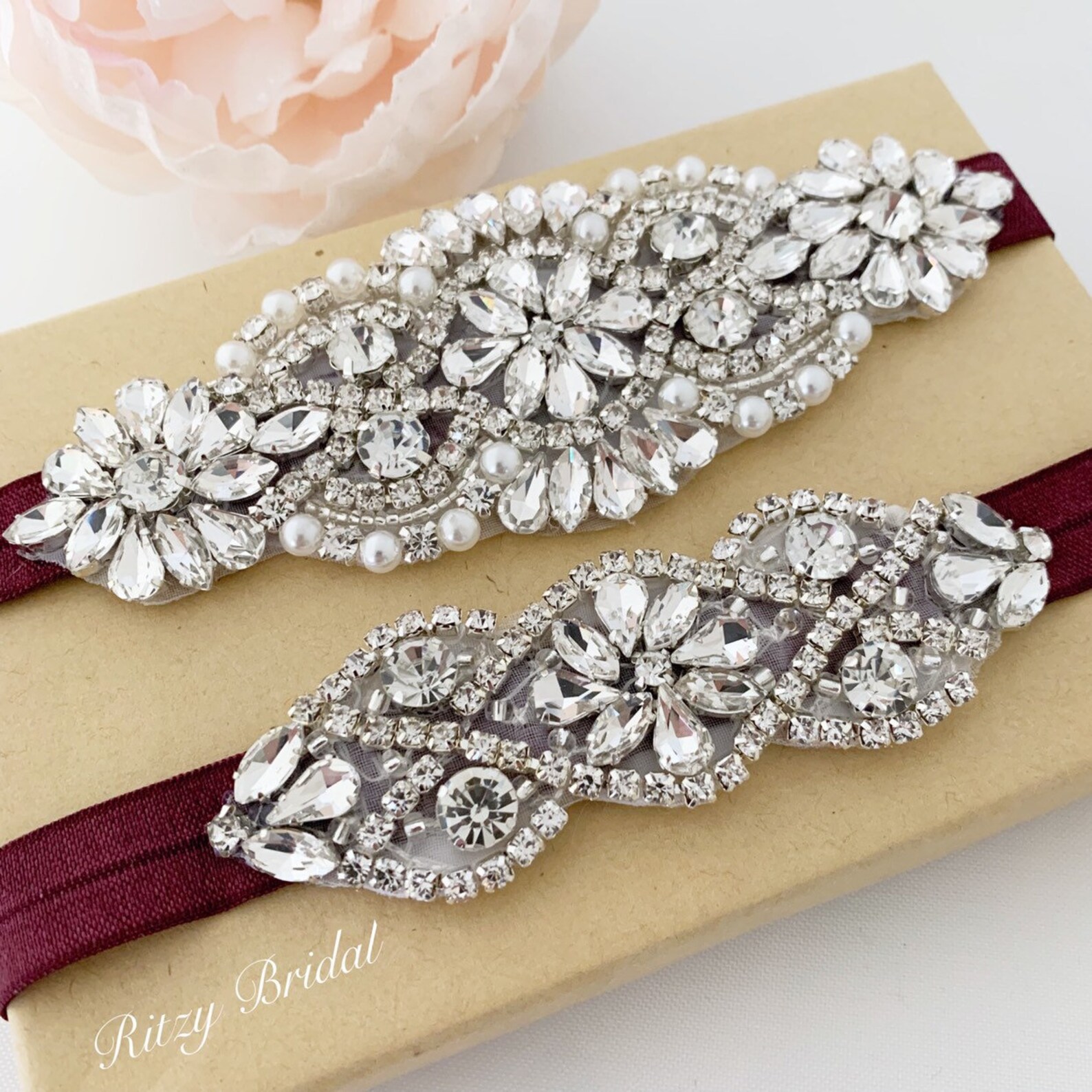 Burgundy Wedding Garter Set: Rhinestone & Pearl Bridal Garters - Etsy