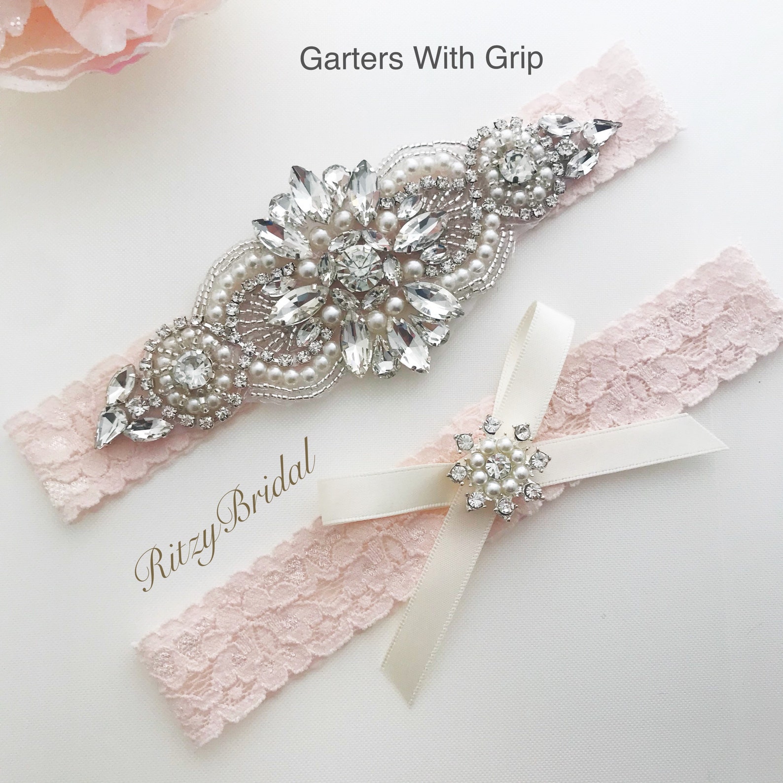 Blush Wedding Garter Set: Jeweled Bridal Garter With Pearls - Etsy