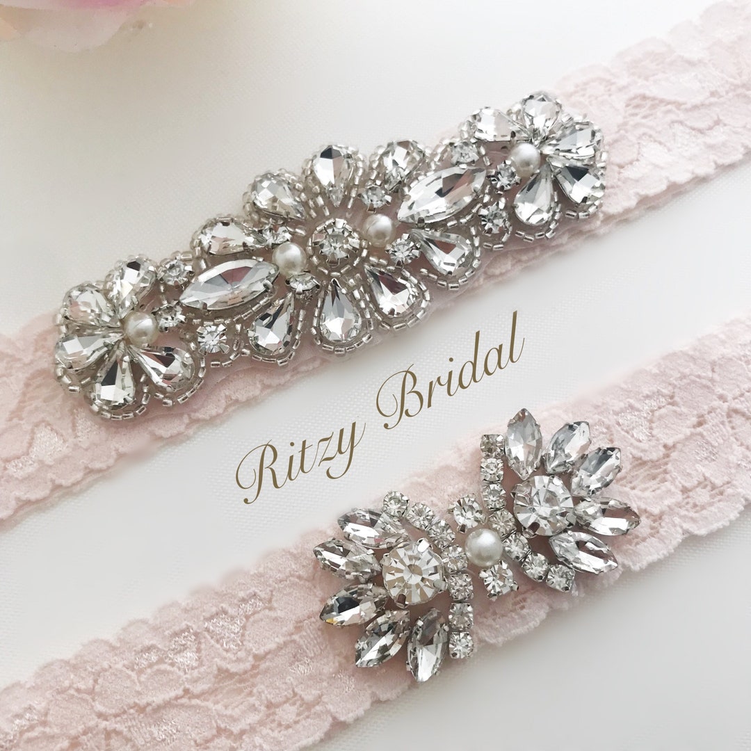 Blush Wedding Garter Set: Jeweled Bridal Garters With Faux Pearls - Etsy