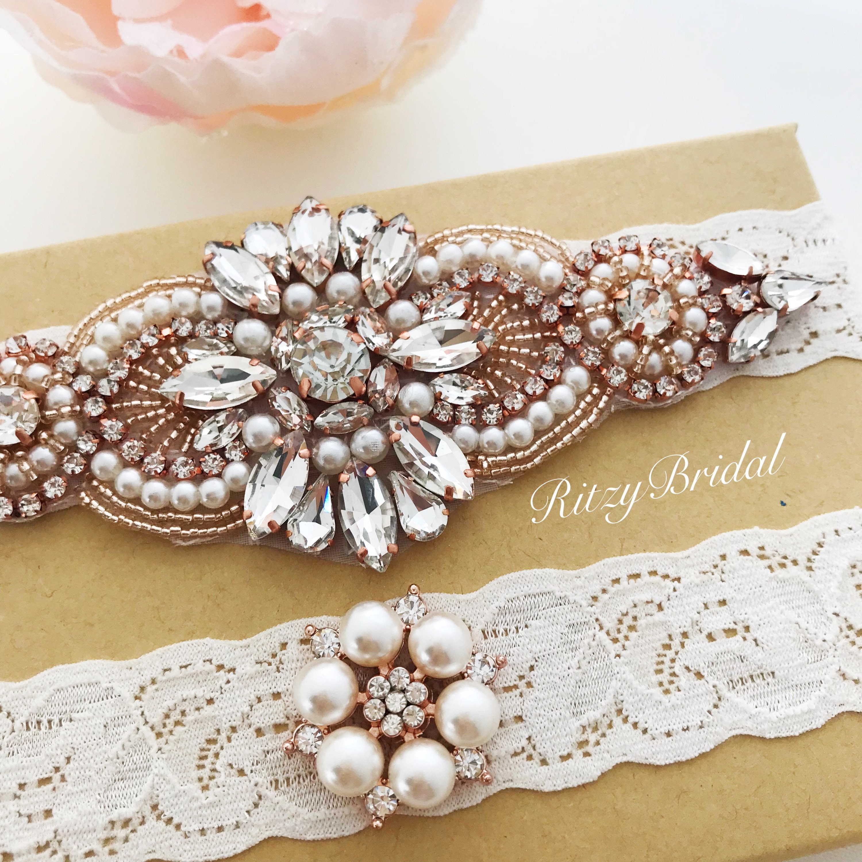 Rose Gold Rhinestone Wedding Garter Set: White Lace Bridal Garters - Etsy