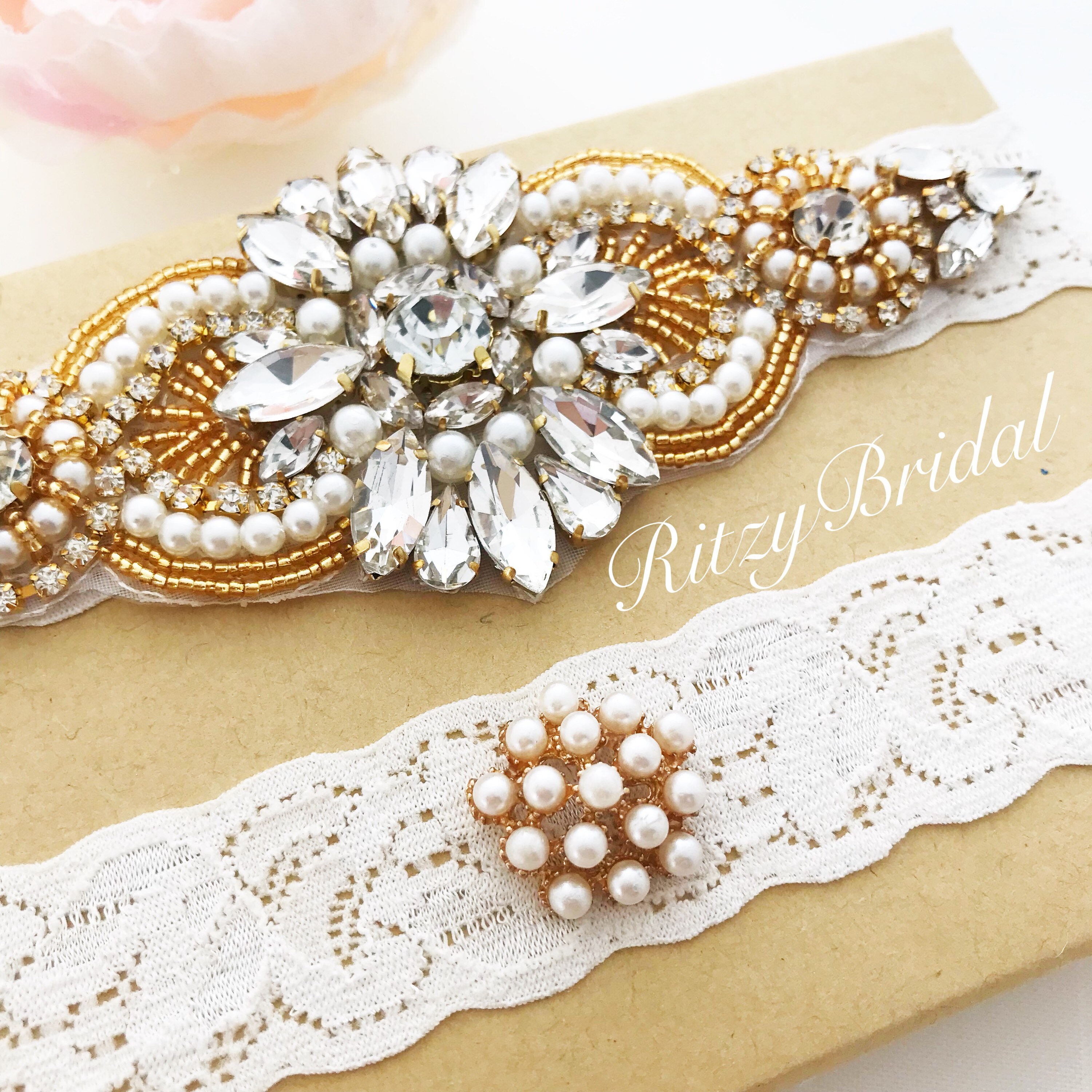 Gold Pearl Crystal Wedding Garter Set: Ivory Lace Bridal Garters - Etsy