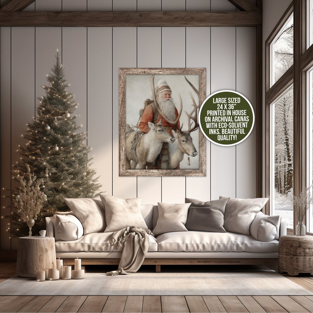 Vintage Santa Claus and Reindeer Christmas Framed High Quality Canvas Wall Art Print Old Style ...