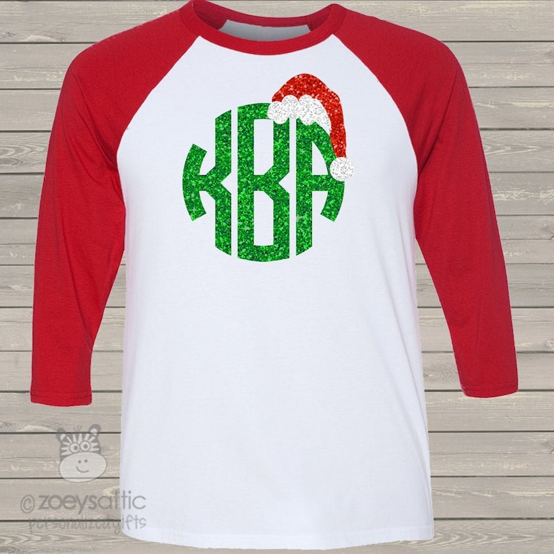 Holiday Shirt Monogram Glitter Santa Hat Personalized ADULT Raglan ...