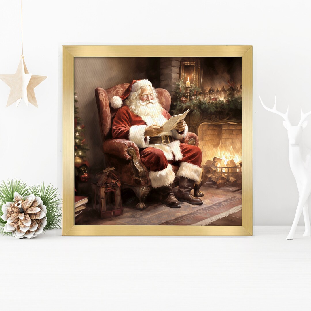 Vintage Santa Claus Fireplace Christmas Storybook Framed Canvas Wall ...