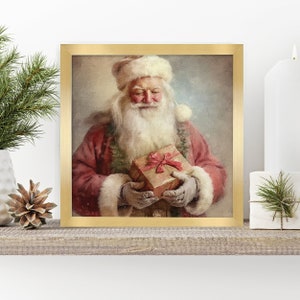 Vintage Santa With Gold Christmas Package Framed Canvas Wall Art Print ...