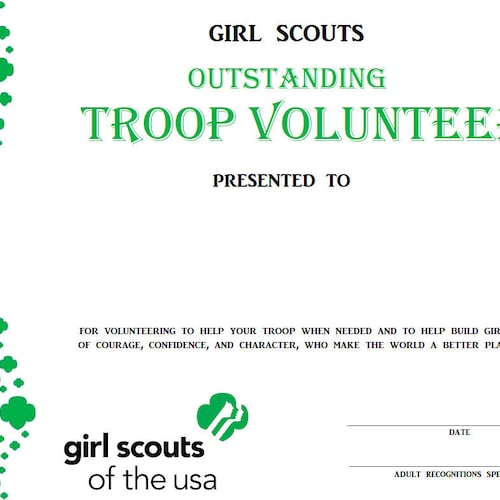 Girl Scout Volunteer Appreciation Certificate Printable PDF - Etsy