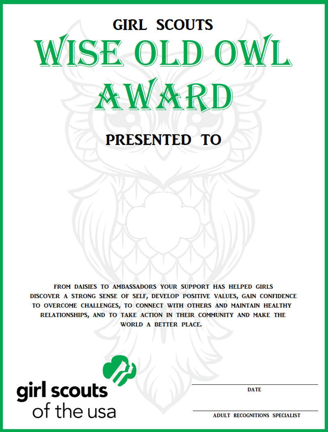 Girl Scout Wise Old Owl Certificate - Etsy