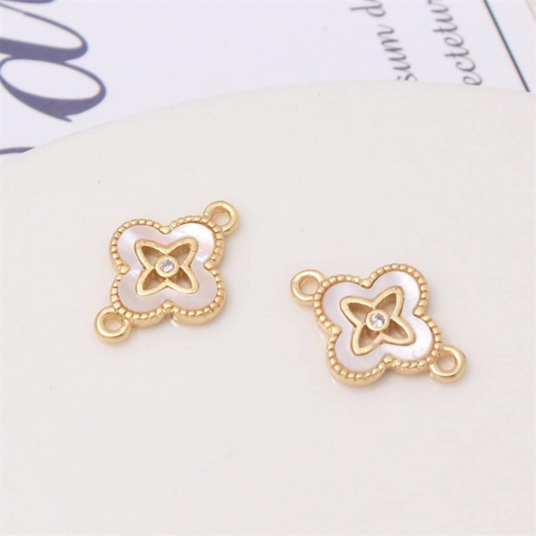 2pcs Natural Shell Clover Connector Charm, Zircon Flower Charms, Clover ...