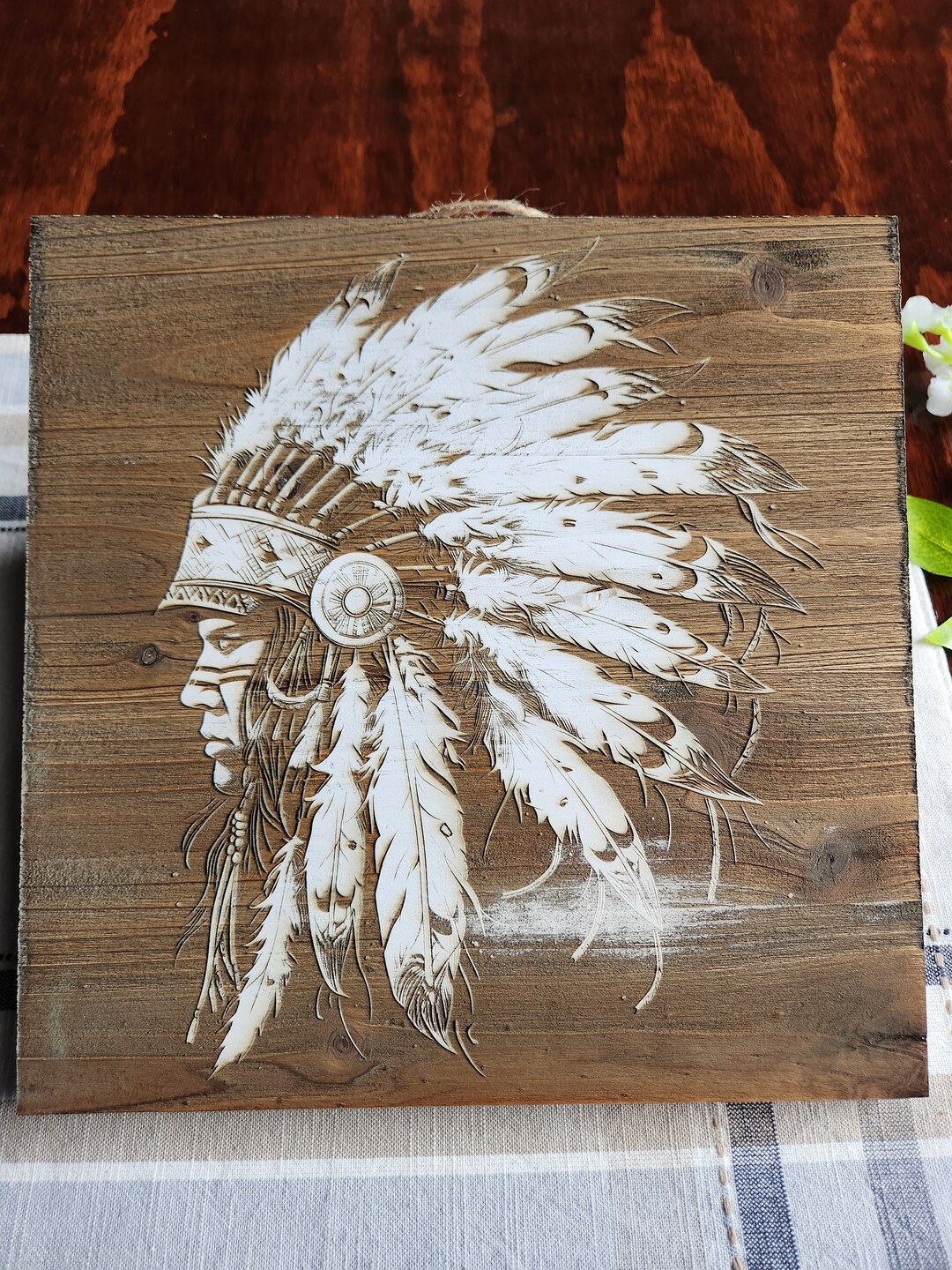 Native American Indian Headdress, Farmhouse Whitewash Laser Engraved ...