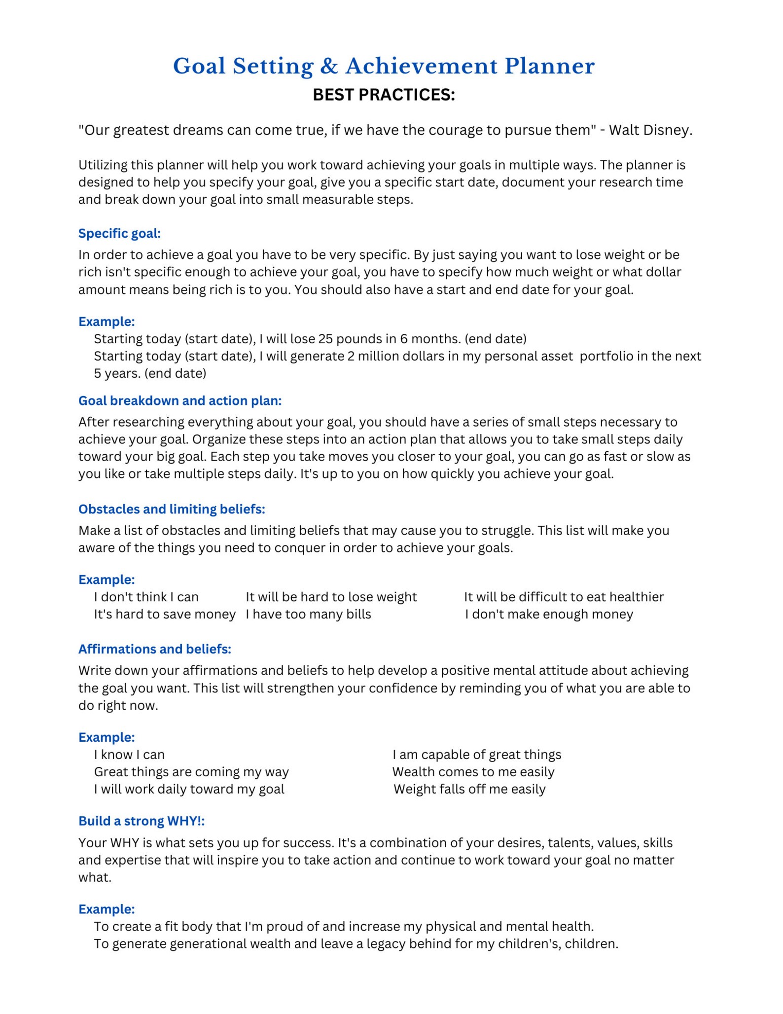 Goal Setting and Achievement Planner, Instructions, Examples, Best ...