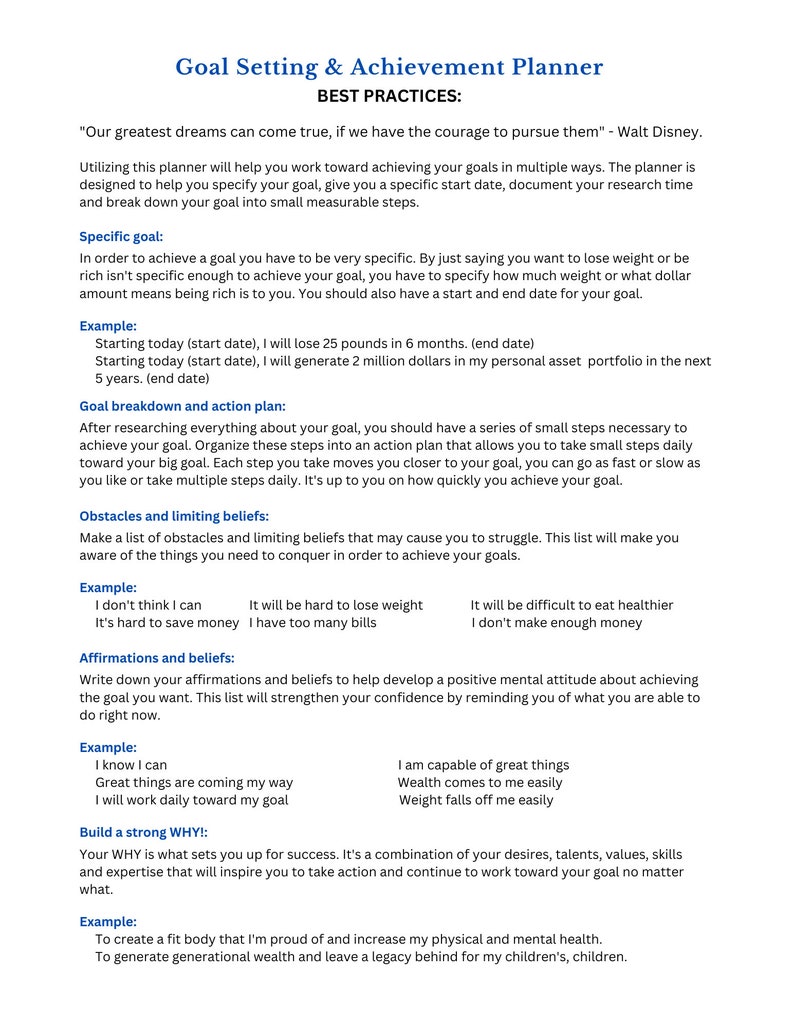 Goal Setting and Achievement Planner, Instructions, Examples, Best ...