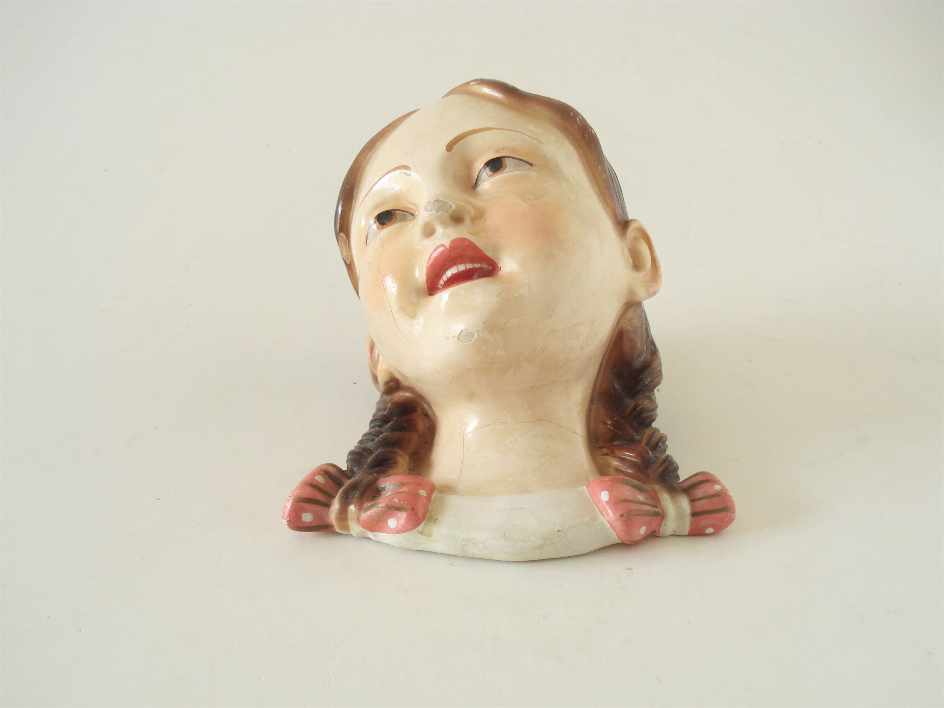 Rare Vintage Ceramic Girl Face With Braids and Bows for - Etsy