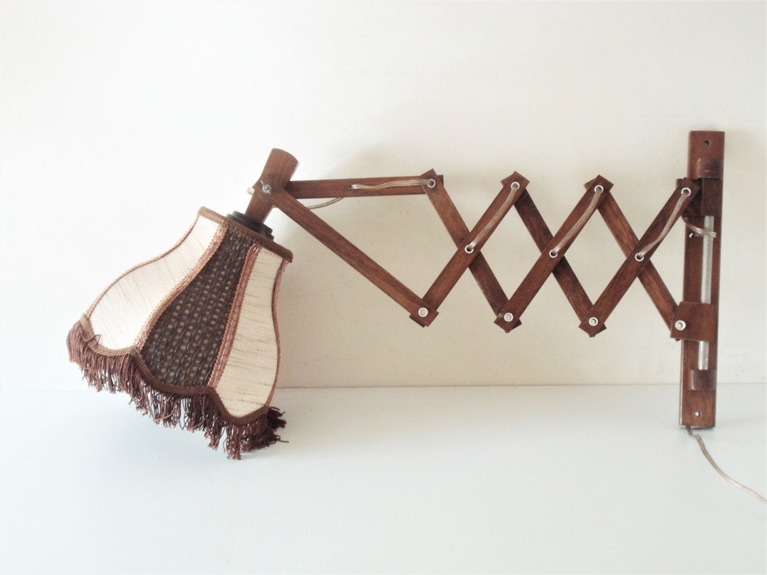 Vintage Wooden Scissor Lamp-harmonica Lamp-fabric Lampshade With ...