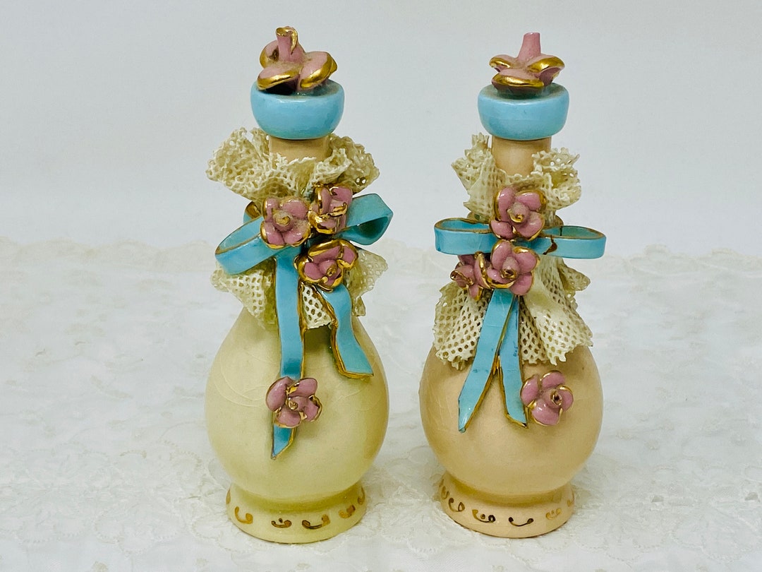 Capodimonte Perfume Bottles: Pink Rose, Blue Bow, Lacey Ribbon - Pair ...