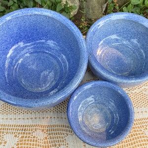 Gorgeous Blue Spongeware Glazed Nesting Bowls - Three Heavy Stoneware ...