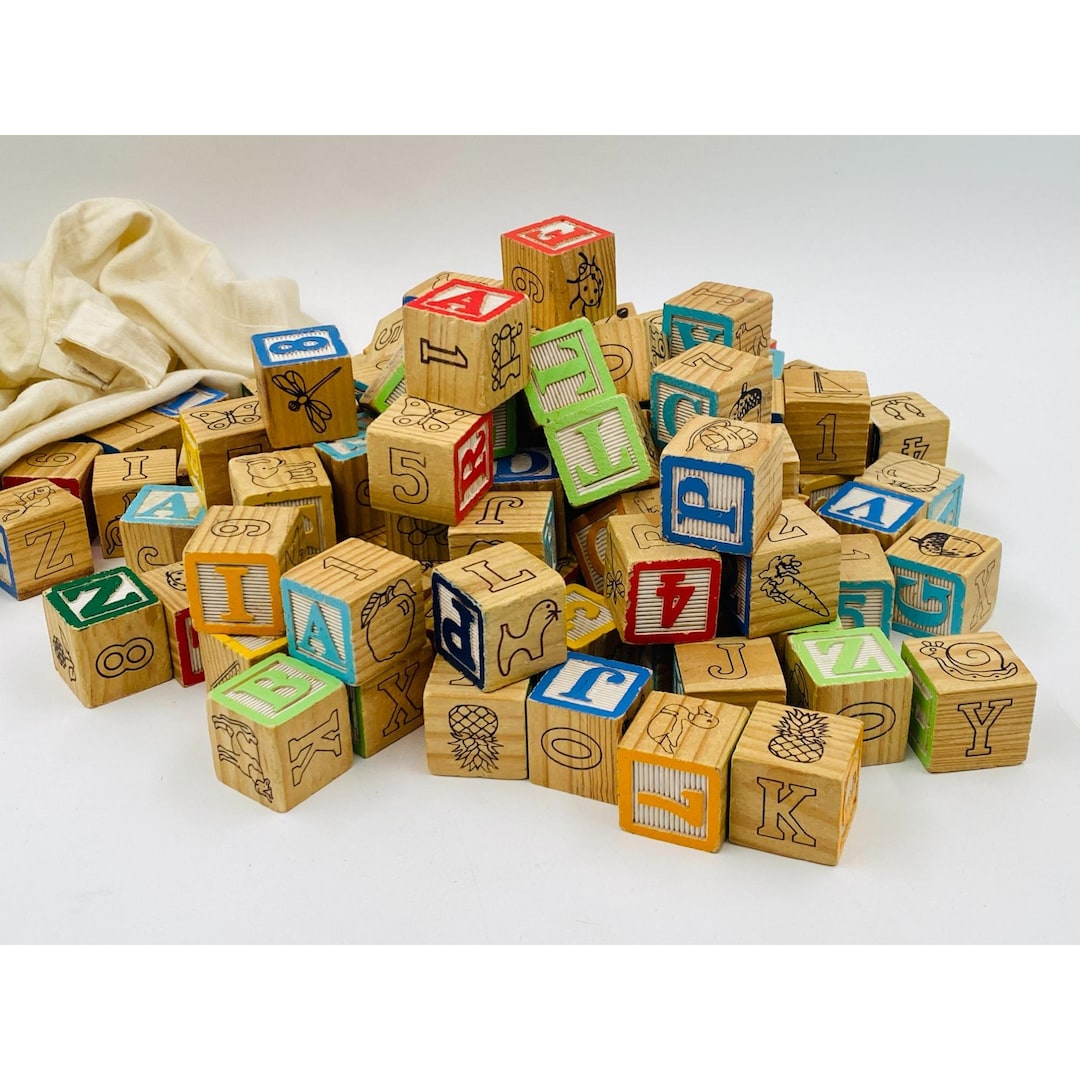 Bag of 100+ Vintage Wooden Alphabet, Number, Symbols Blocks Bright ...