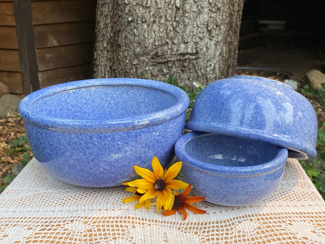 Gorgeous Blue Spongeware Glazed Nesting Bowls - Three Heavy Stoneware ...