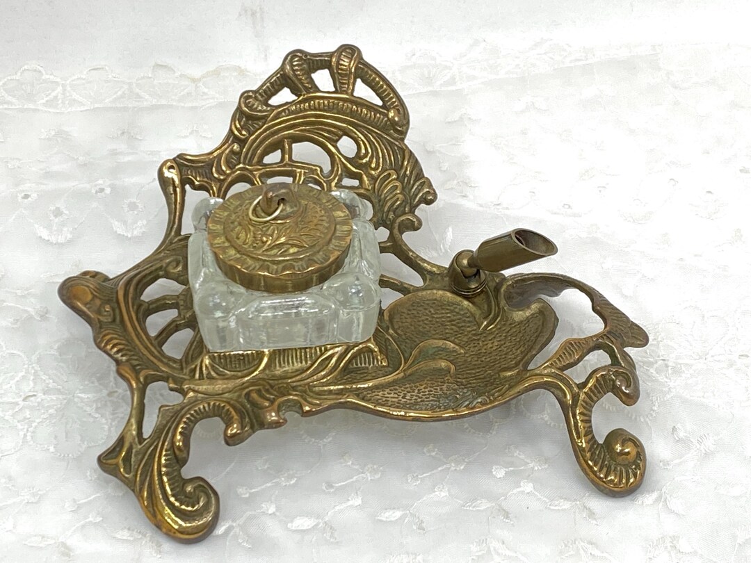 Vintage Art Nouveau Style Brass Inkwell Ornate With Glass Insert - Etsy
