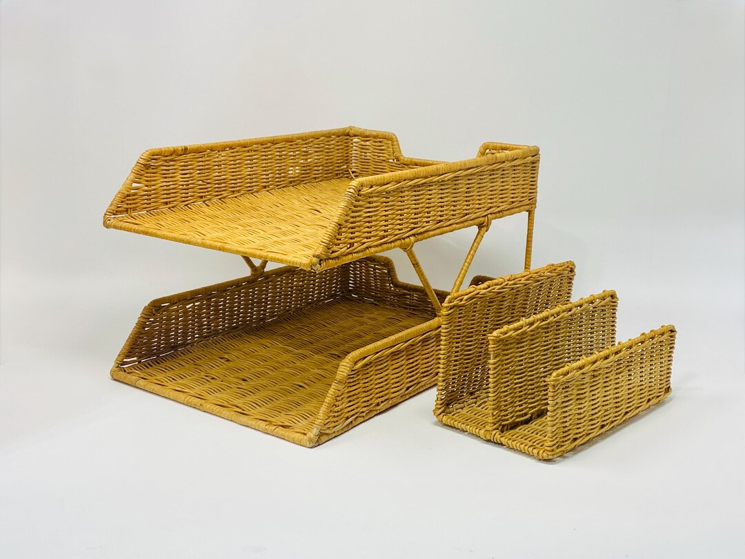 Vintage 1960s Wicker Desk Organizer Set – Two-tier Paper Tray With ...