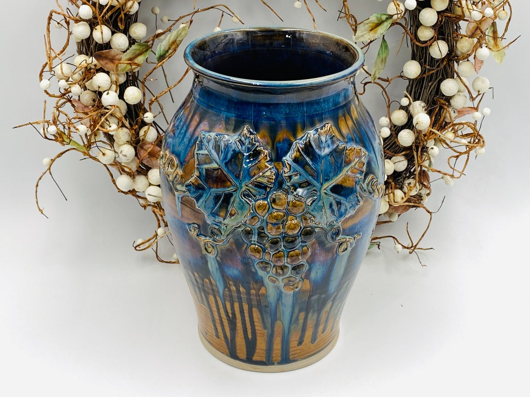 RESERVED Signed Greg Olson Studio Pottery Vase Embossed Grape Cluster ...