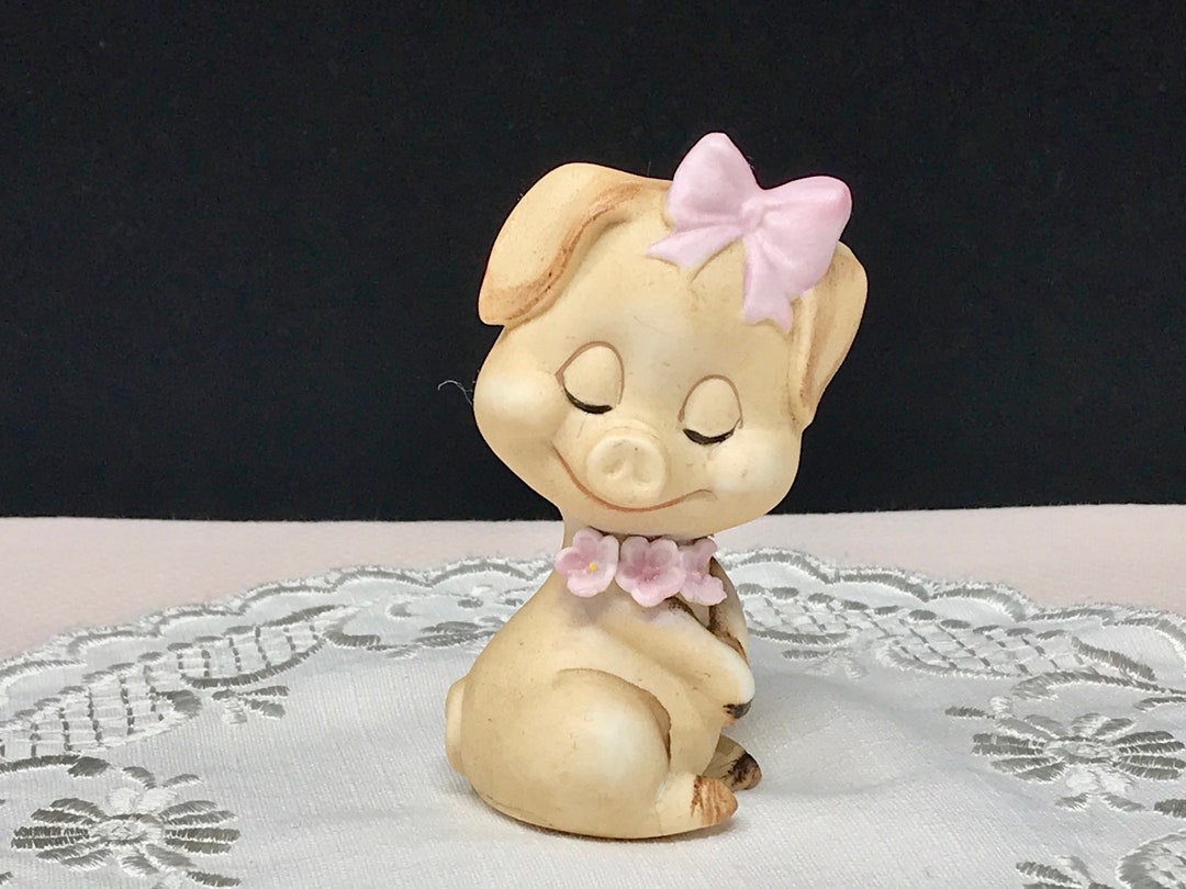 Vintage Porcelain Pig Figurine With Pink Bow & Flower Necklace - Etsy