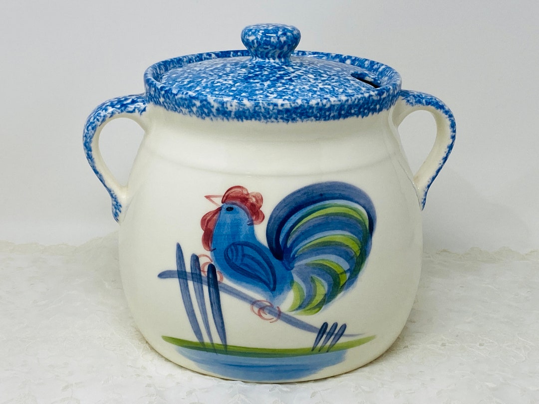 1970s Blue Stipple Rooster Soup Tureen - Los Angeles Pottery Farmhouse ...