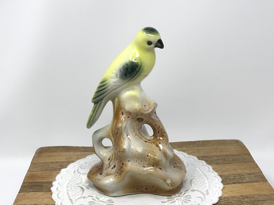 Porcelain Parakeet Figurine: Yellow & Green Bird on Driftwood - Etsy