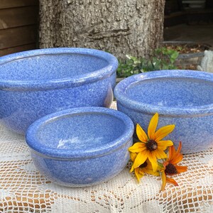 Gorgeous Blue Spongeware Glazed Nesting Bowls - Three Heavy Stoneware ...