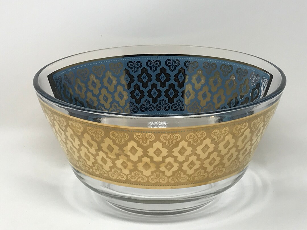 1960's Culver Seville Gold and Turquoise Banded Large Clear Glass Serving Bowl Ice Bucket ...