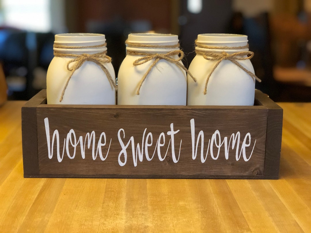 Rustic Quart Mason Jar Farmhouse Wooden Planter Box Centerpiece Kitchen ...