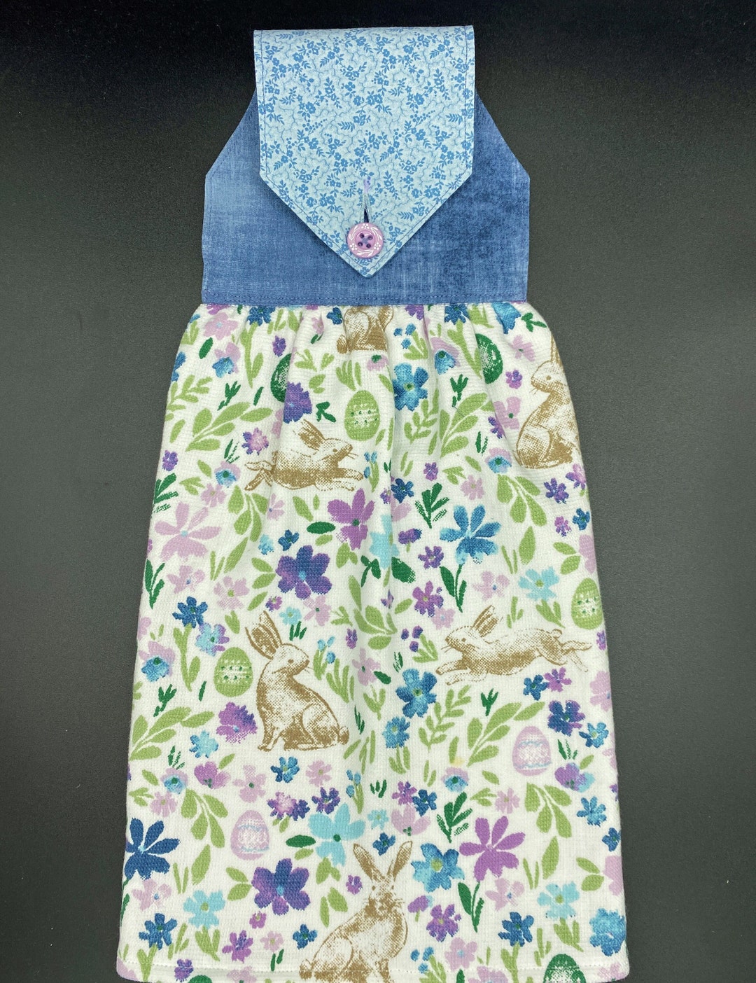 Hanging Hand Towel Has Tan Bunnies Hidden on Blue Floral Smooth Terry ...