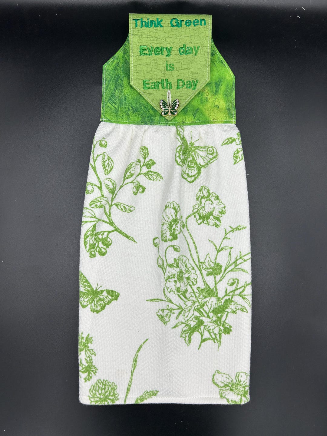 Hanging Hand Towel Has Green Flowers on Smooth White Terry and Lime ...