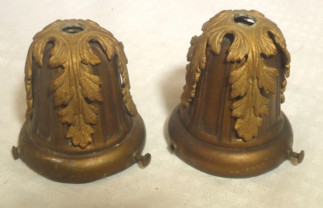 2 Antique Solid Brass Oil Gas Lamp Light Fitters Sconces Leaves Ornate ...