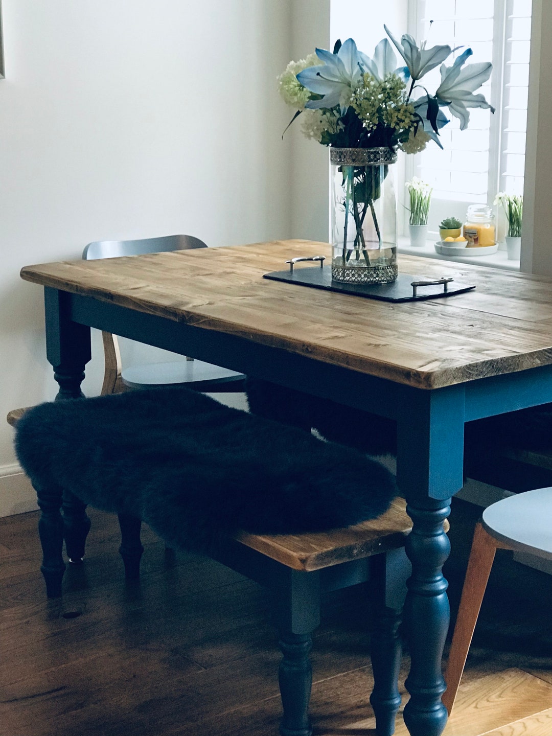 Narrow Farmhouse Dining Table Set With Benches - Farmhouse Kitchen ...