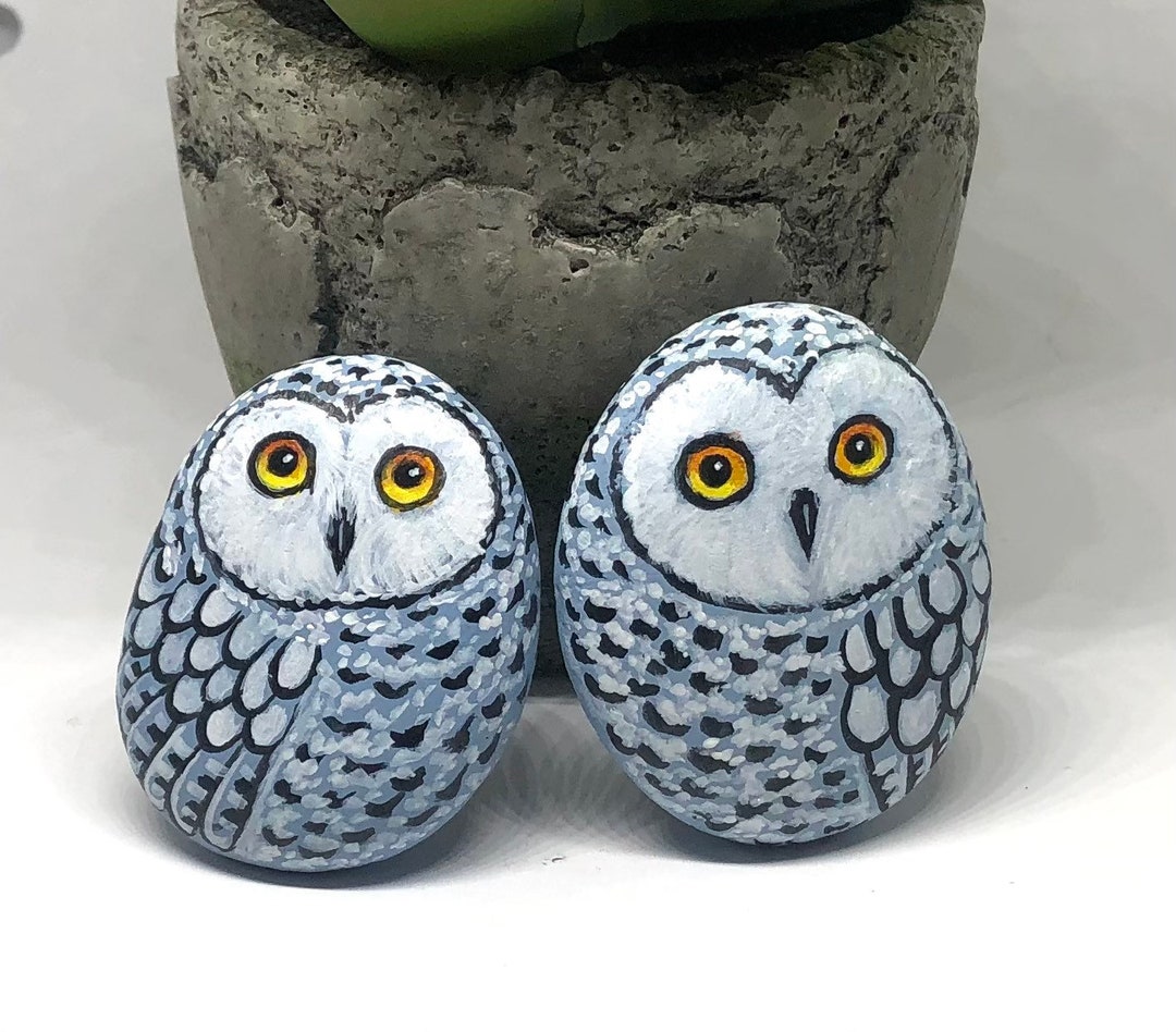 Two Snowy Owl Painted Rocks Unique Owl Painted Stones for - Etsy