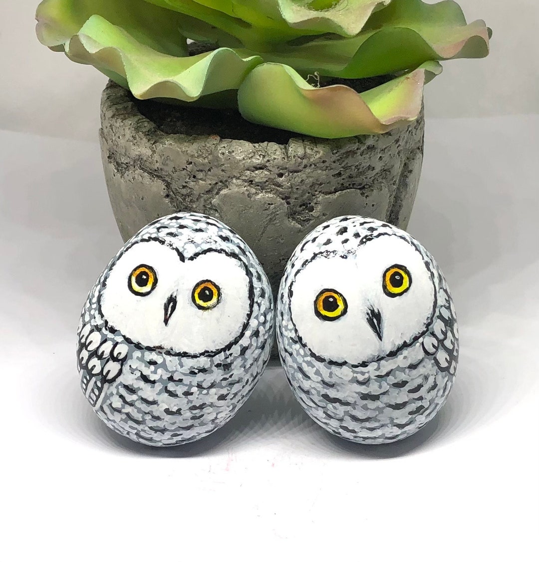Two Snowy Owl Painted Rocks, Unique Owl Painted Stones for Gift and ...