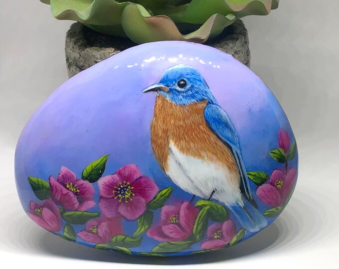 Bluebird and Flowers Painted Rocks for Gifts, Spring Decorations for ...
