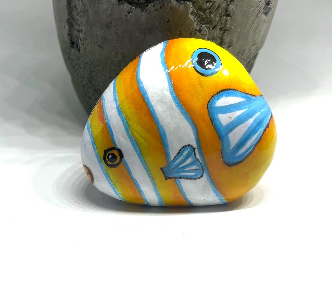 Little Yellow and Blue Tropical Fish Painted Rocks, Decorative Stone ...