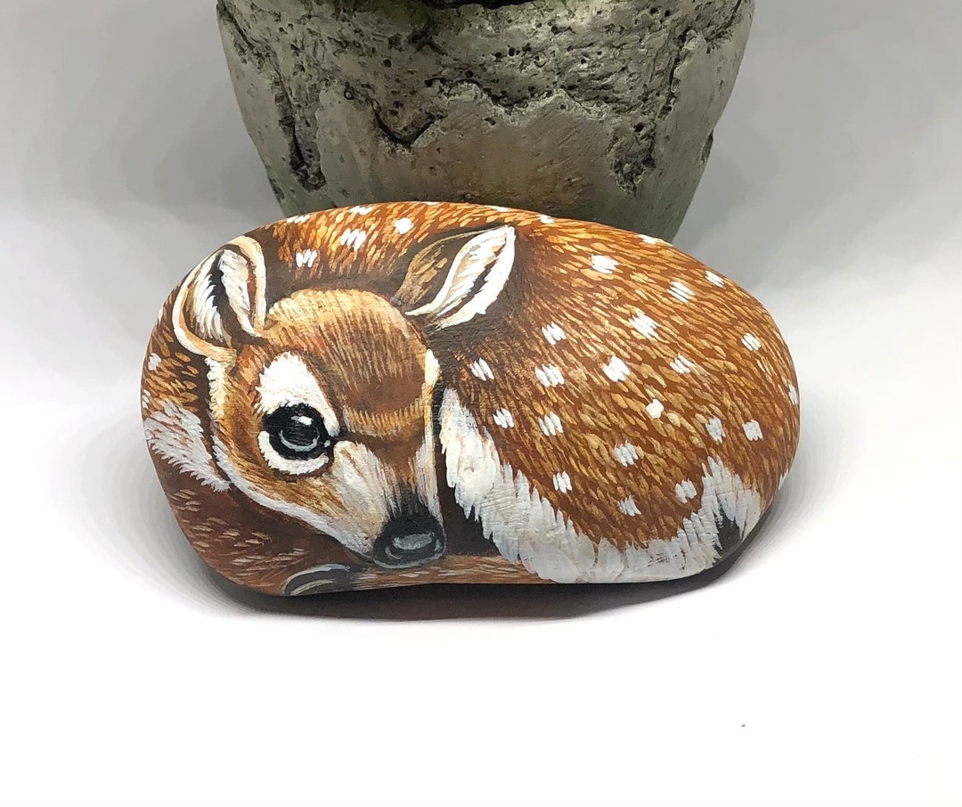 Fawn Painted Rock, Unique Deer Painted Stones for Gift and Home Decor ...
