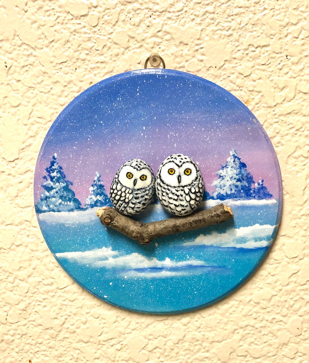 Owls in Snowy Landscape Pebble Art, Hand Painted 7 Inch Wooden Round ...