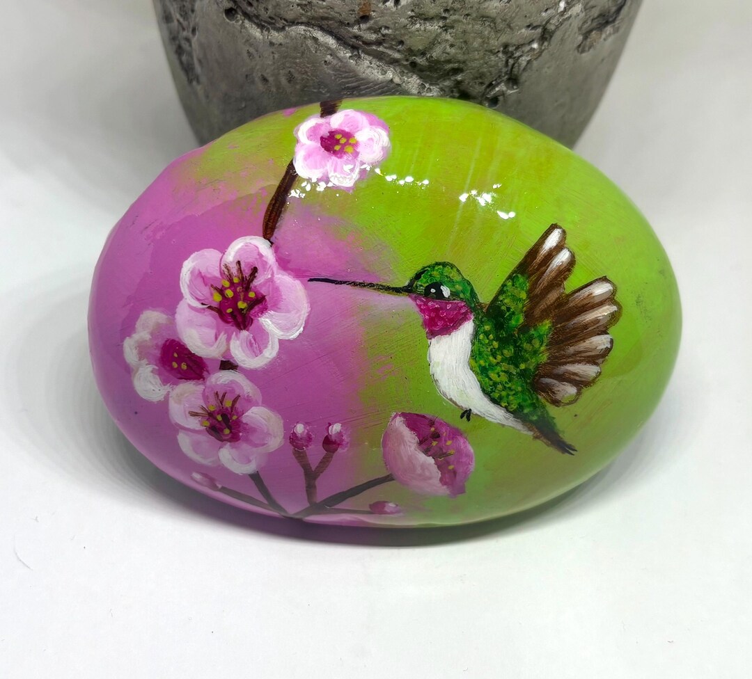 Hummingbird and Cherry Blossom Painted Rocks for Gifts, Flower Painted ...