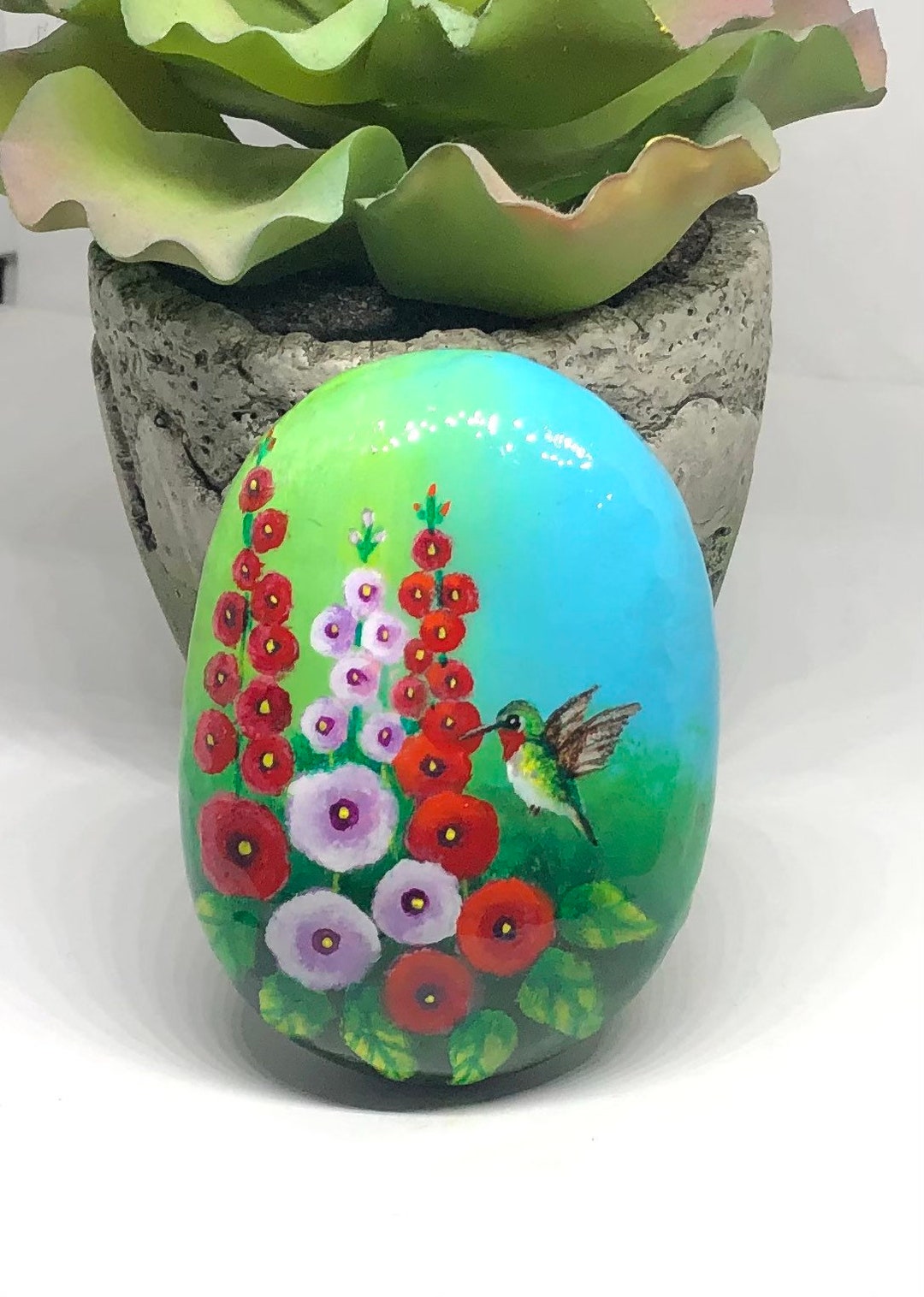 Hummingbird and Hollyhocks Painted Rock for Gifts Mothers Day - Etsy