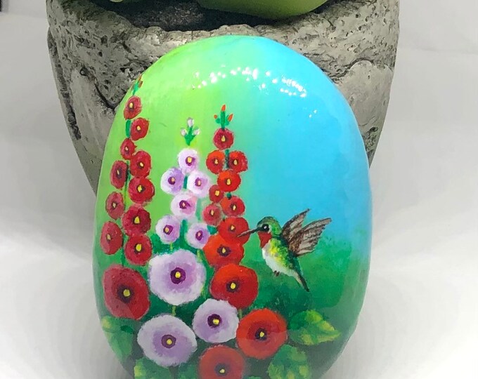 Hummingbird and Hollyhocks Painted Rock for Gifts, Mothers Day Gift ...